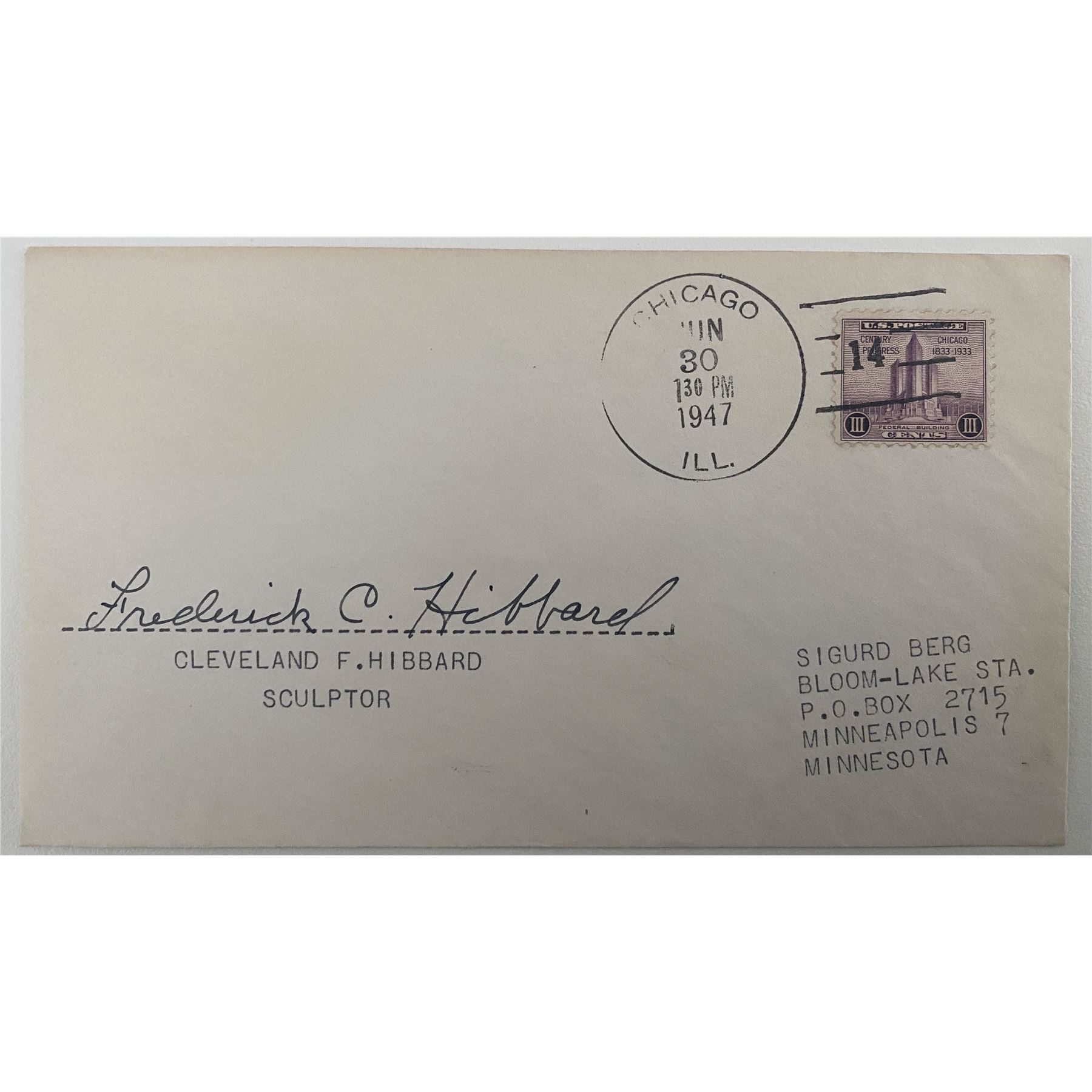 Sculptor Frederick Hibbard signed envelope