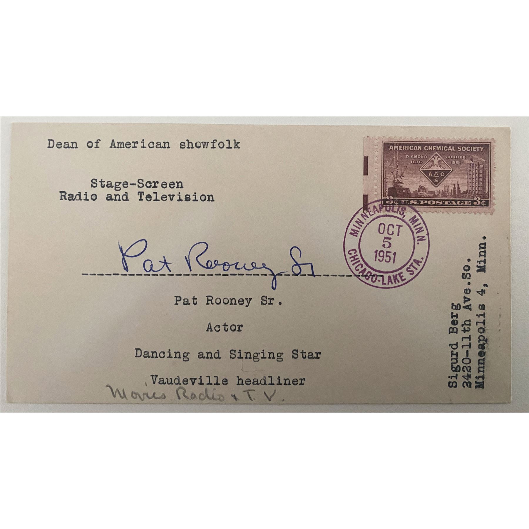 Actor Pat Rooney Sr. signed envelope