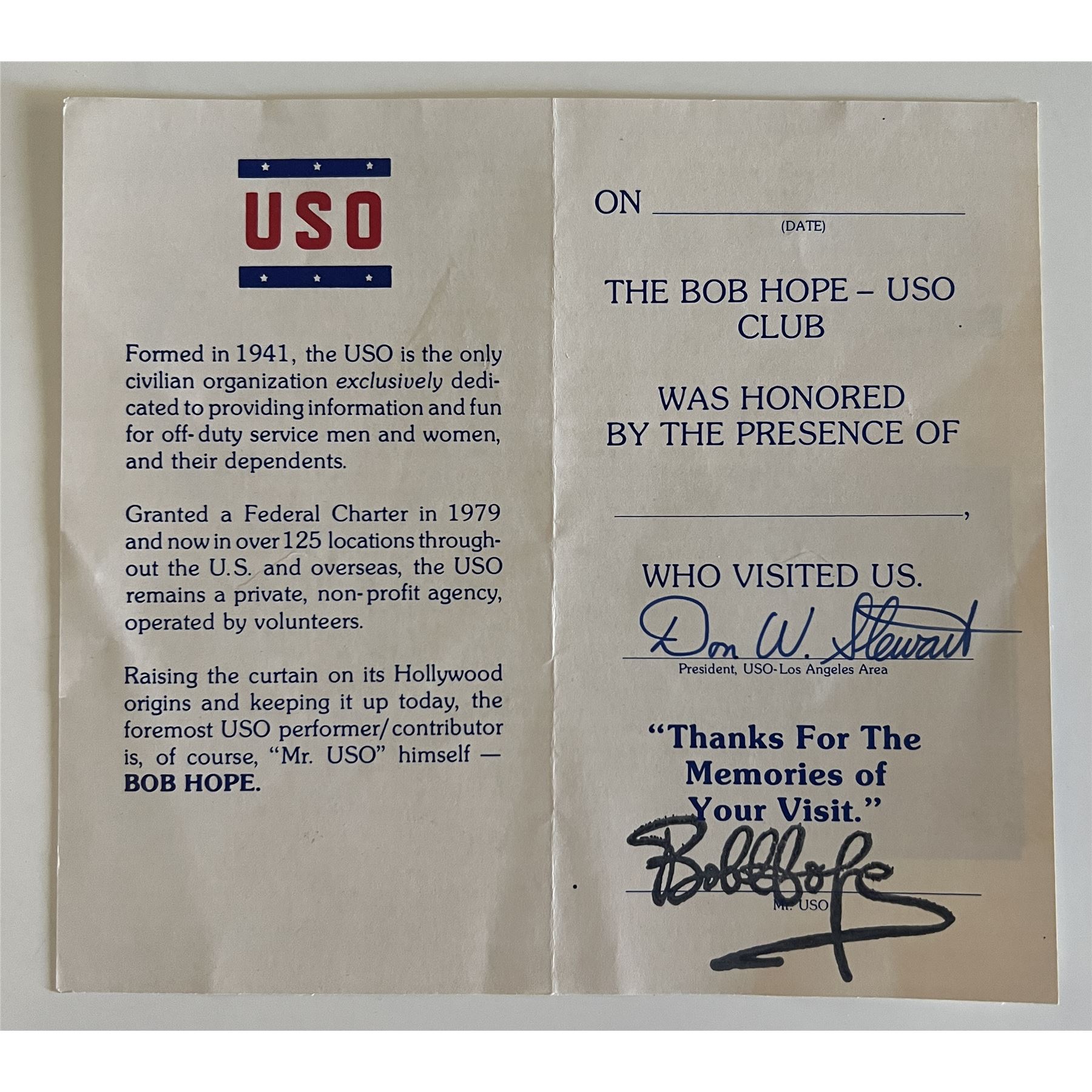 Bob Hope Facsimile Signed Uso Card