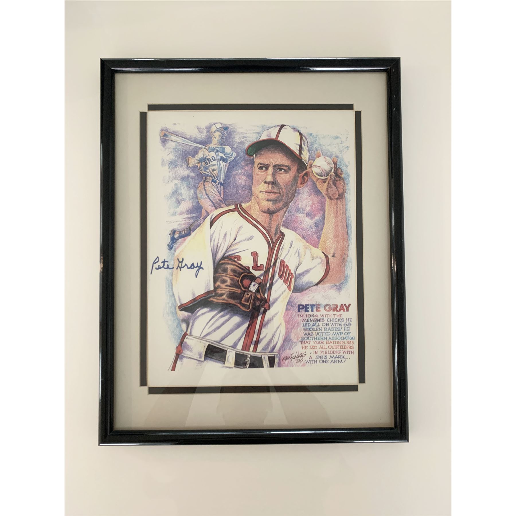 St. Louis Browns Pete Gray signed original artwork