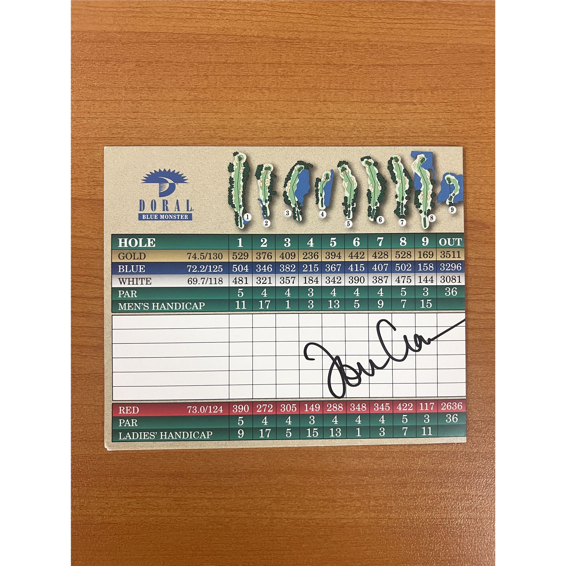 Tommy Aaron signed Doral Blue Monster score card