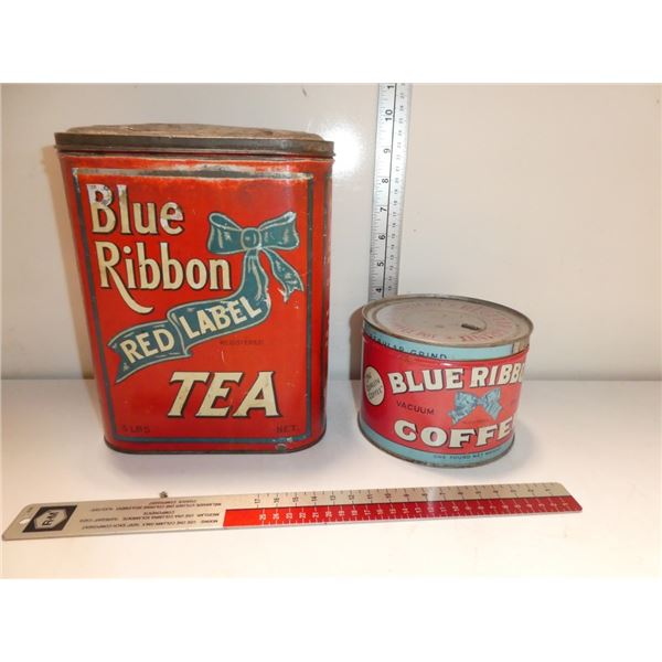 Large Blue Ribbon Tea Tin and Blue Ribbon Coffee n