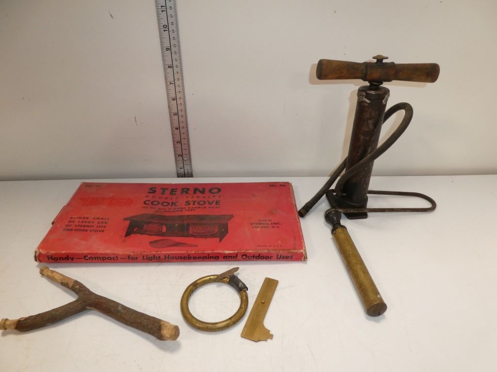 Antique Sterno Cook Stove, Tire Pump, Oil Pump