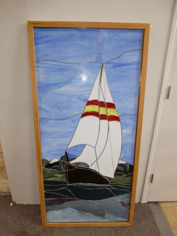 Framed leaded Stained Window Sail Ship