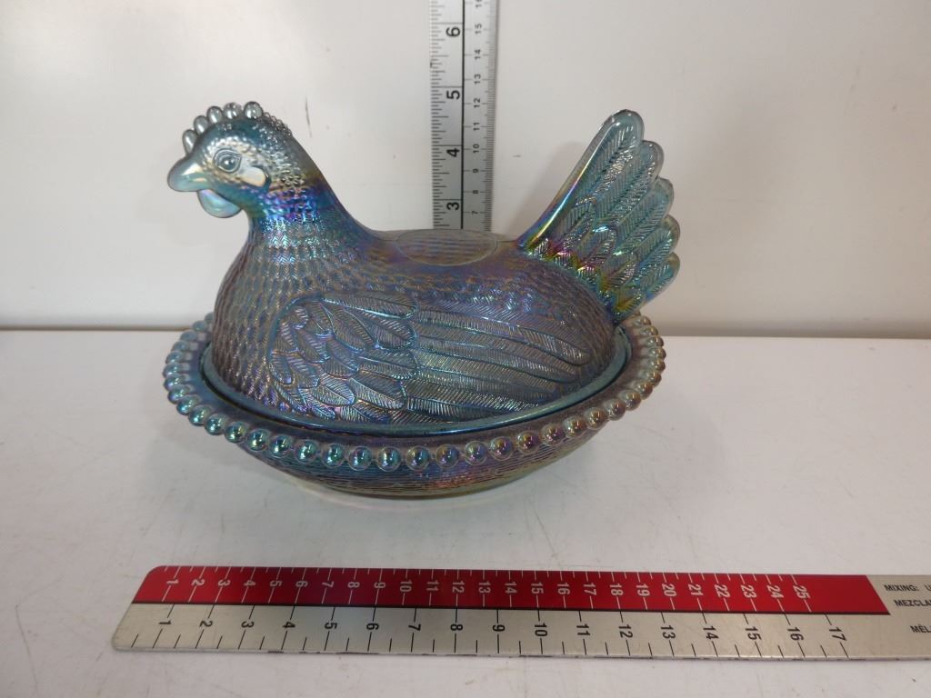 Antique Blue Iridescent Glass Hens on Nest