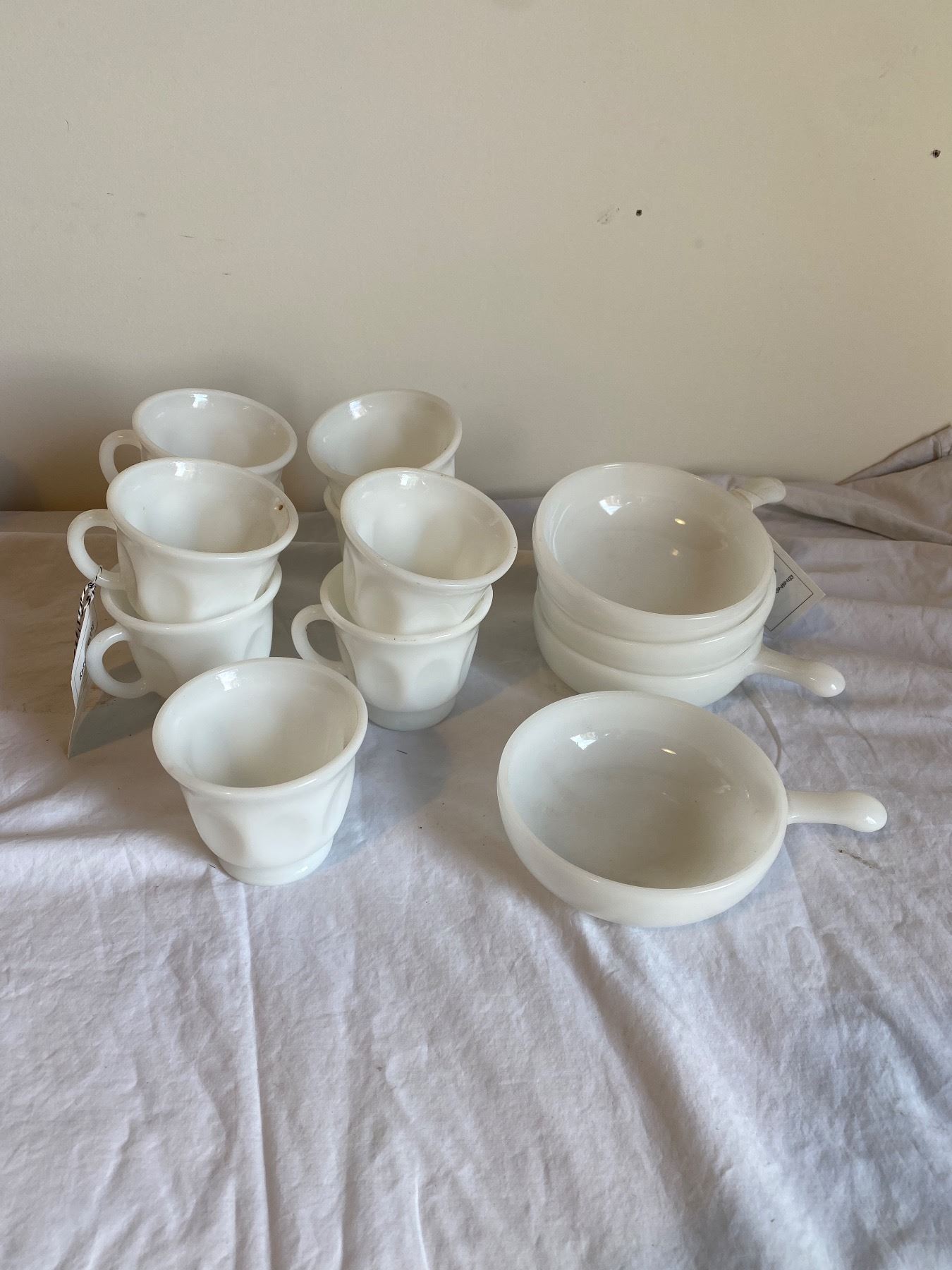 Vintage thumb print milk glass jugs one has chip and 4 lug handled soup ...