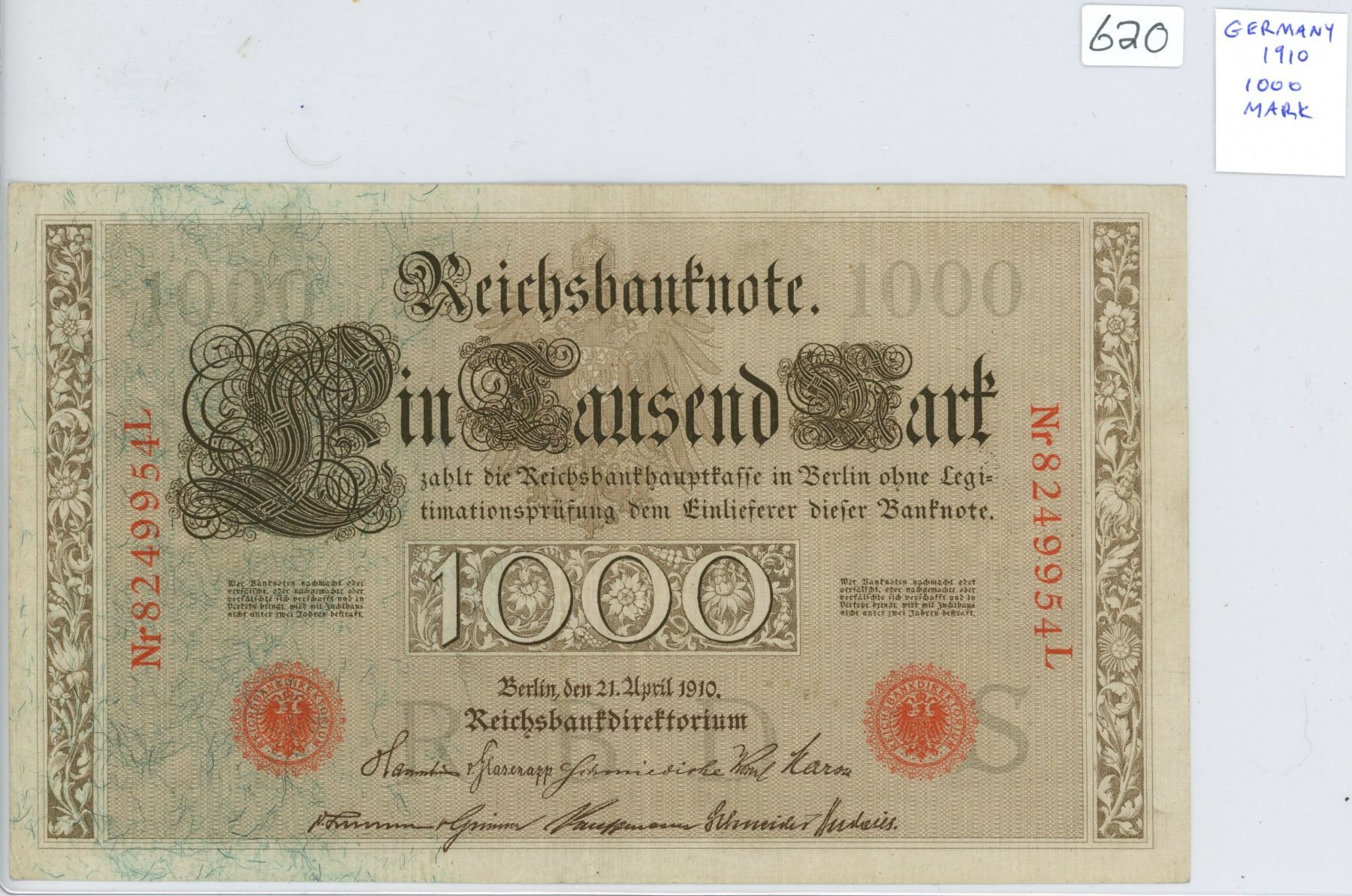 Germany – Empire. 1910 1000 Mark Reichsbanknote. 1000 Mark was a ...