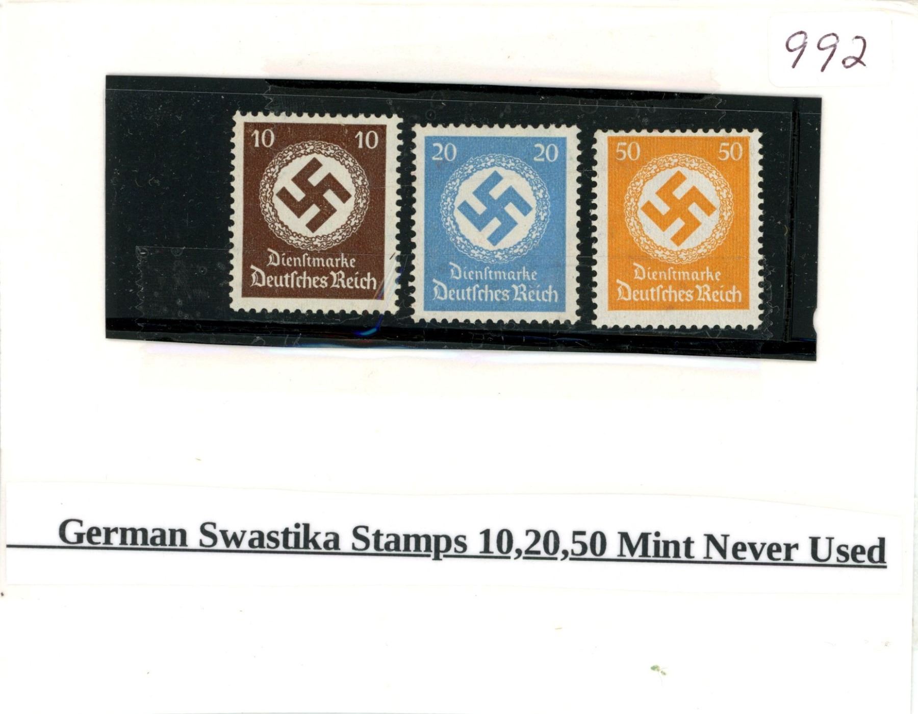 German Swastika Stamps 10, 20, 50 Mint Never Used - Schmalz Auctions
