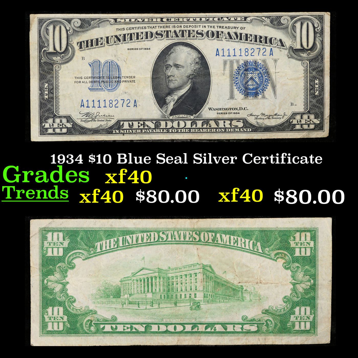 1934 $10 Blue Seal Silver Certificate Grades xf