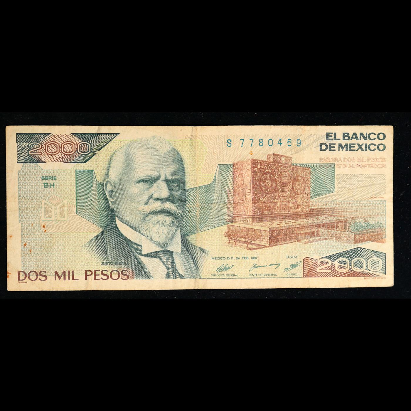 1987 Mexico 2000 Pesos Bank Note Series BH Grades Xf 1987 Mexico 2000 Pesos Bank Note Series BH Grades Xf