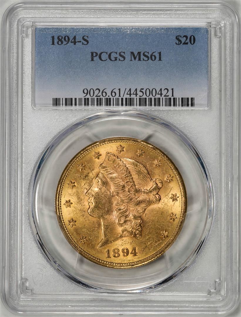 1894-S $20 Liberty Head Double Eagle Gold Coin PCGS MS61