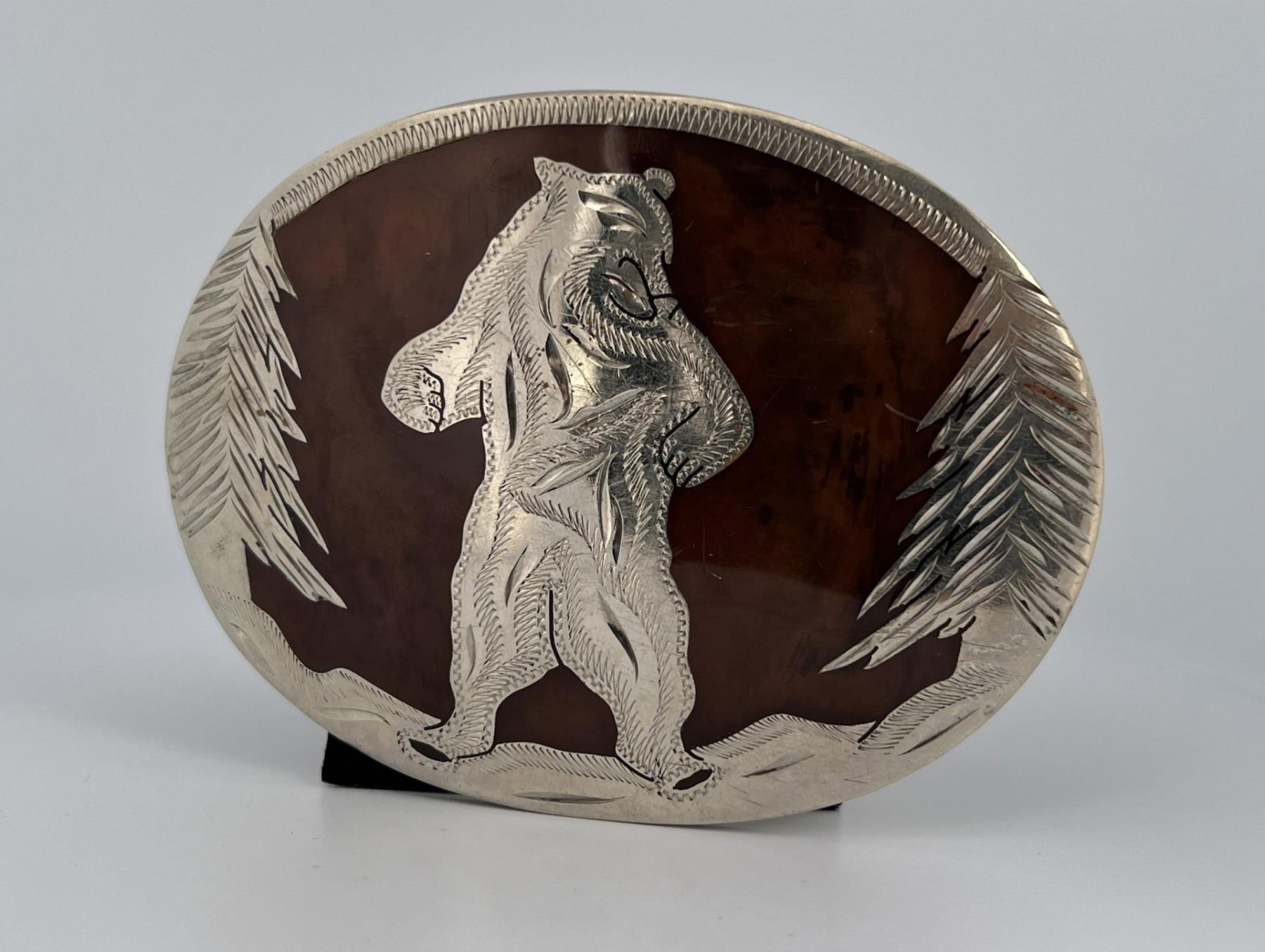 Inlaid Grizzly Bear Cowboy Belt Buckle