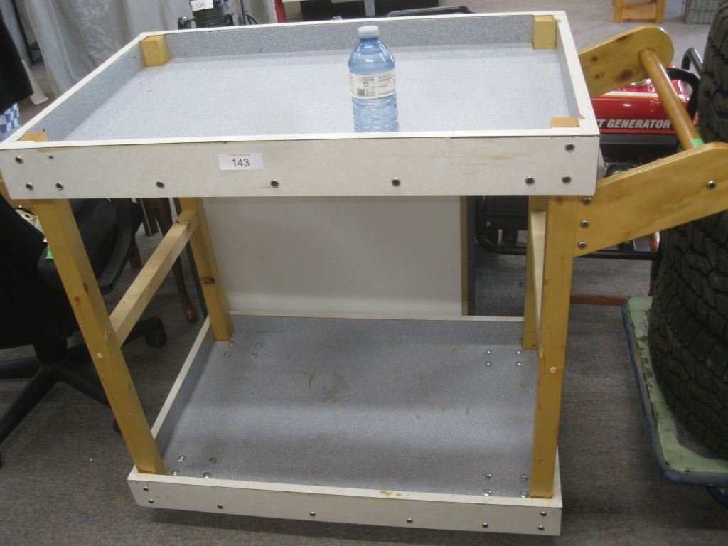 wooden trolley with power bar on wheels
