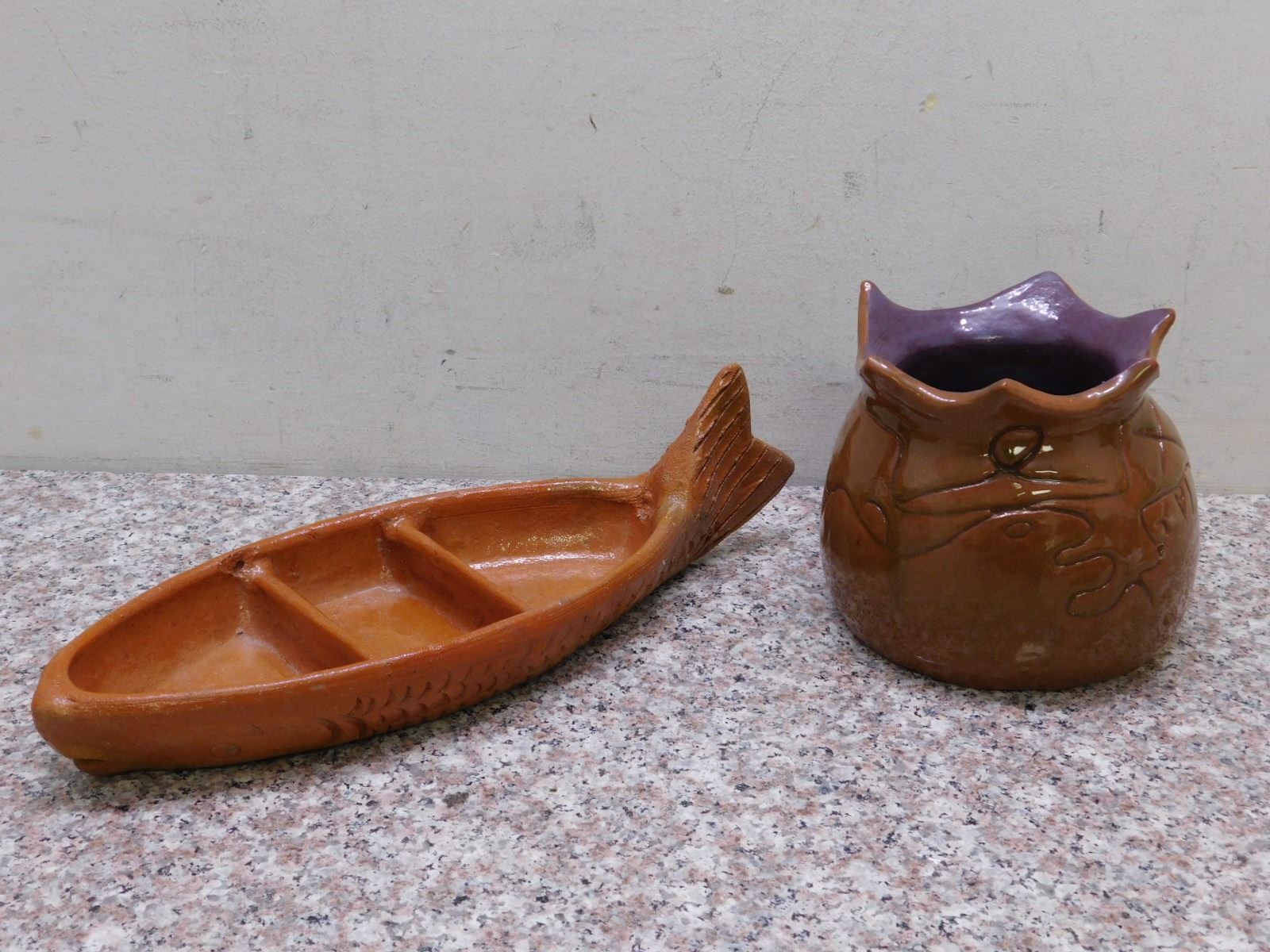 Inuit Ceramic Boat and Inuit Bowl / Vase / Planter Jessie Kenalogak