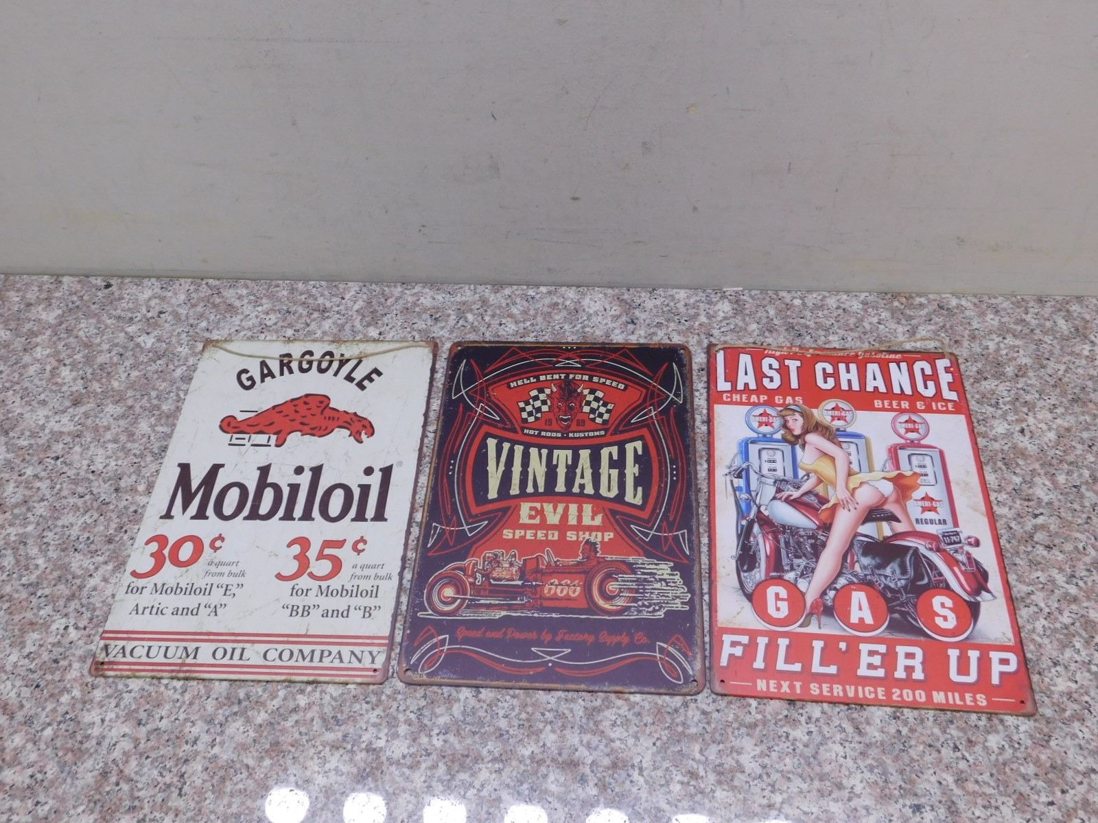 Lot of 3 Vintage Style Tin Pin-Up Automotive Wall Signs Bar Decor Man ...