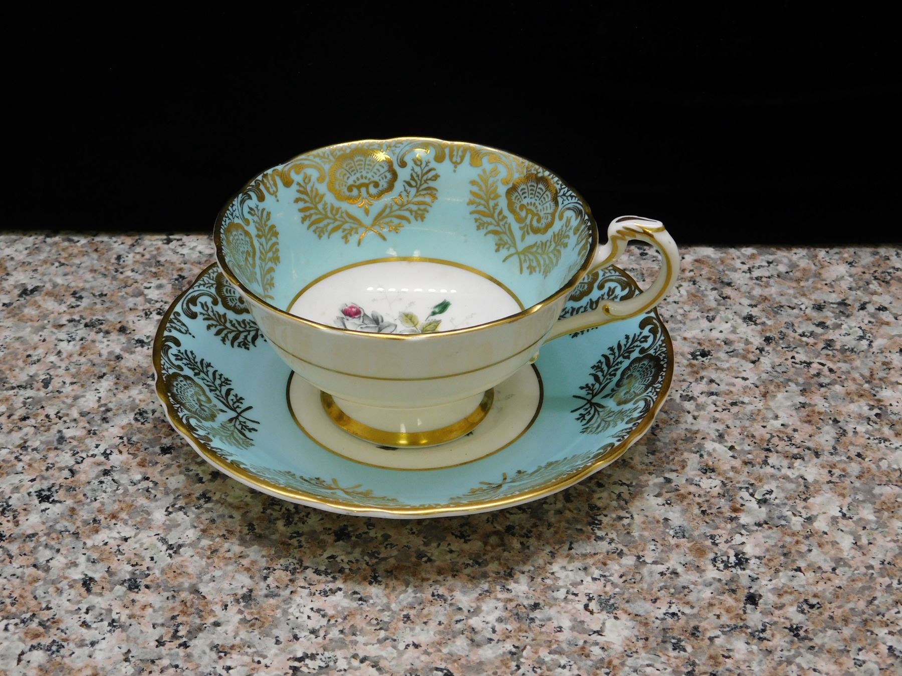 Fine China Tea Cup and Saucer Paragon Light Blue and Gold Floral Design