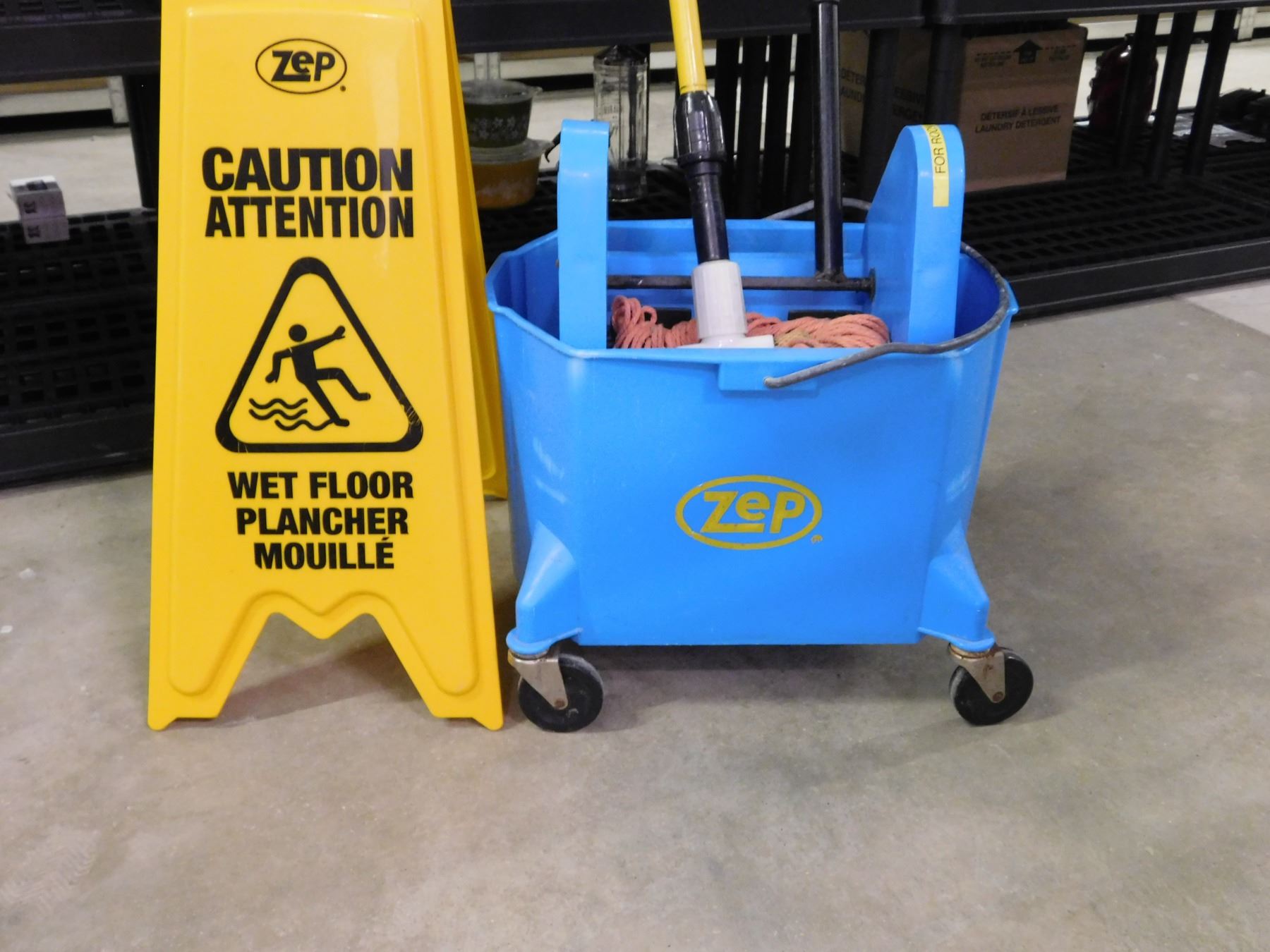 Commercial Zep Mop Bucket, Mop and Wet Floor Sign