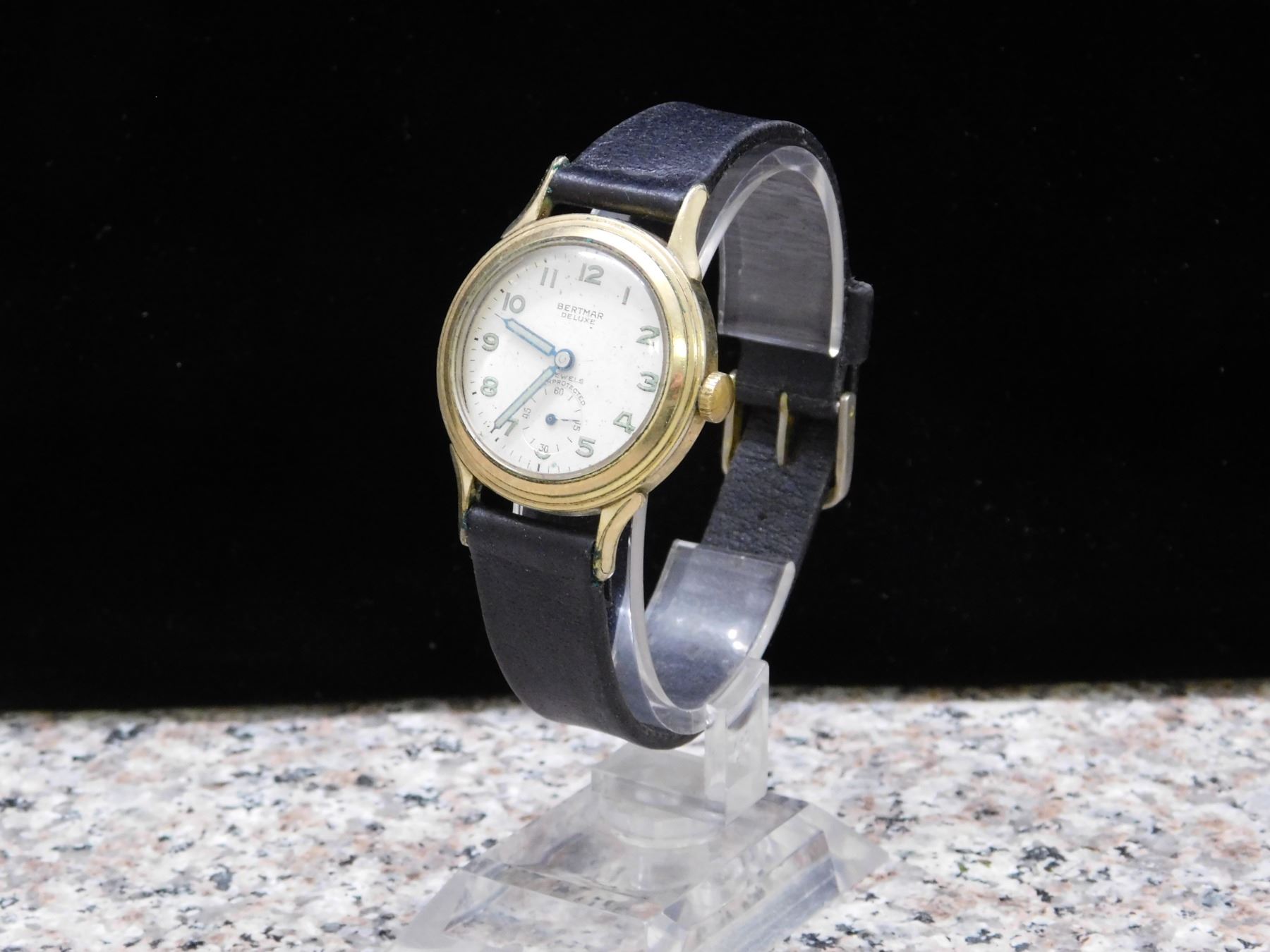 Vintage Mens Watch Bertmar Deluxe Genuine Leather Strap Mechanical