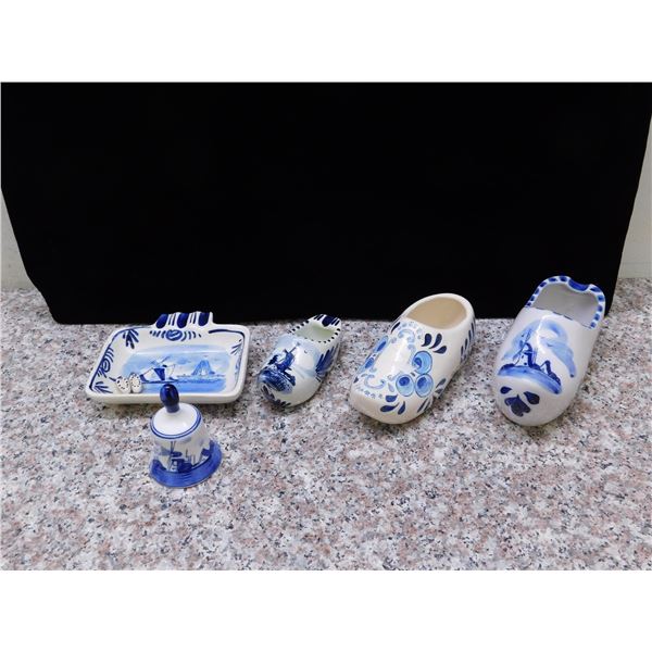 Lot of 5 Delft Blue Hand Painted Dinner Bell, Tray, Clogs Holland