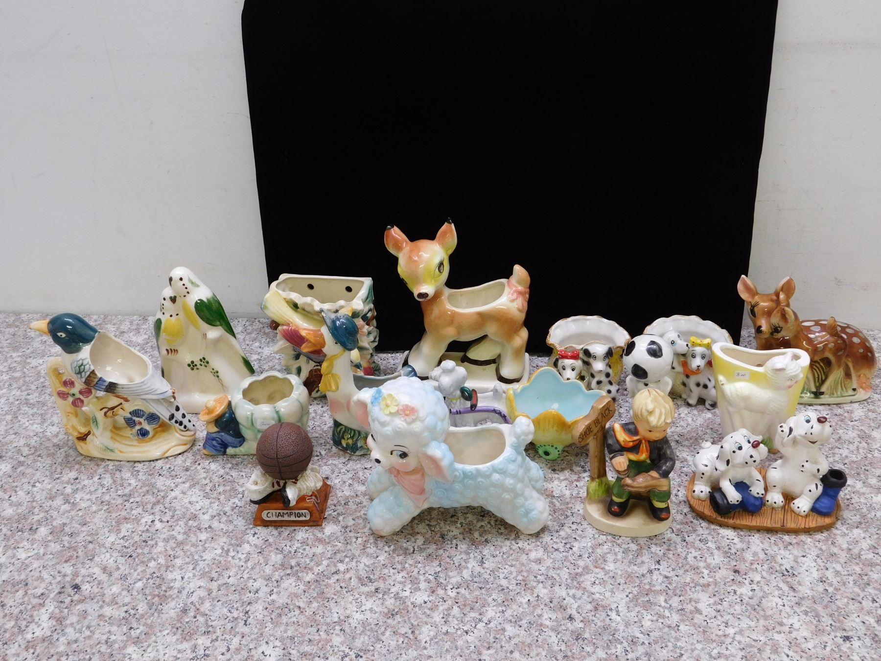 Lot of 16 Ceramic Animal Planters Dalmations, Sheep, Deer, Fawn, Birds Etc