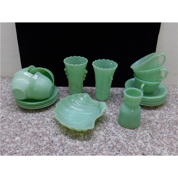 Lot of 21 Jadeite Vases, Tea Cups, Saucers, Shell Dish, Egg Cup Fire King