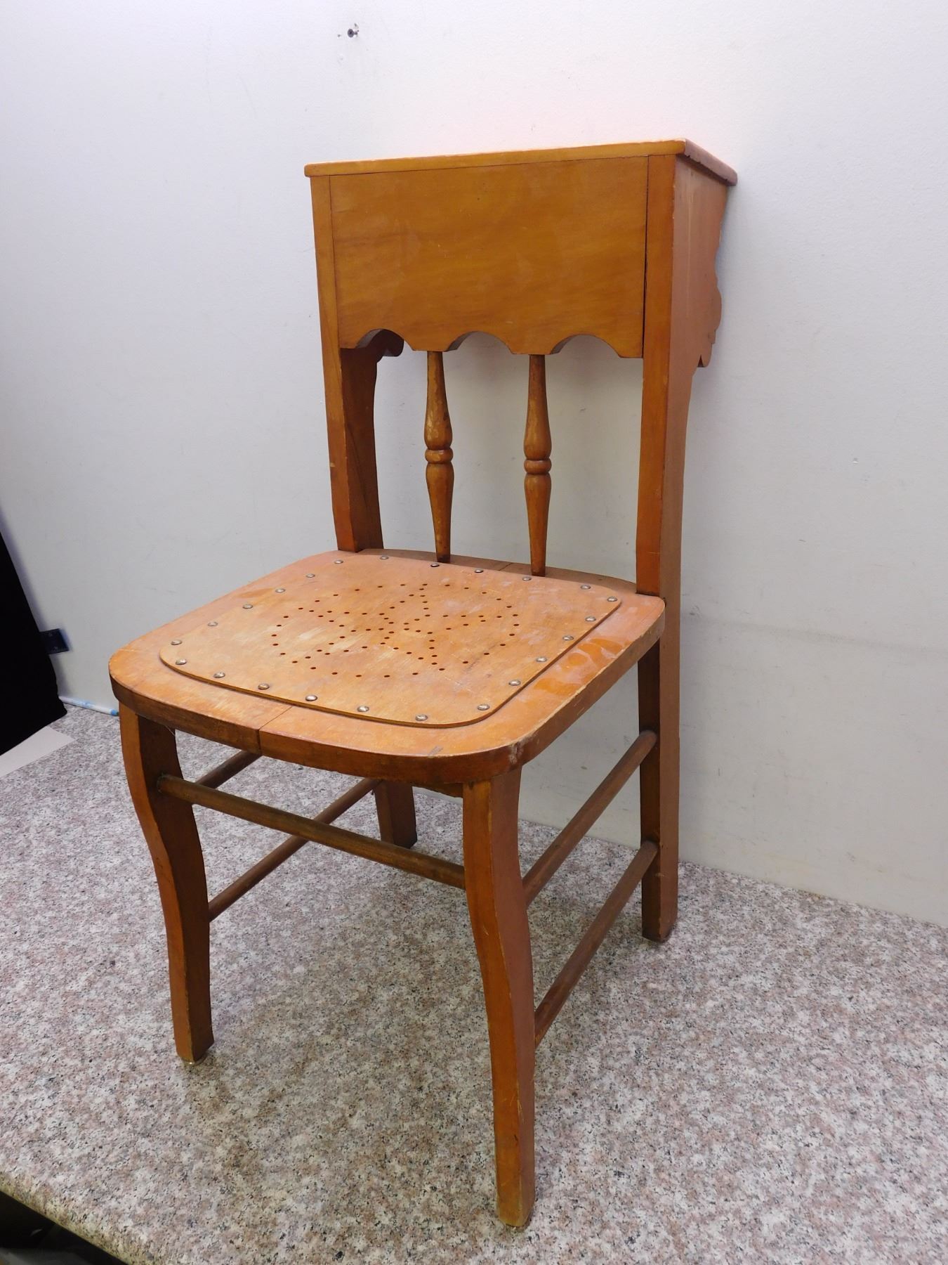 Antique Hole Press Punch Wooden Kids Chair With Shelf on Back
