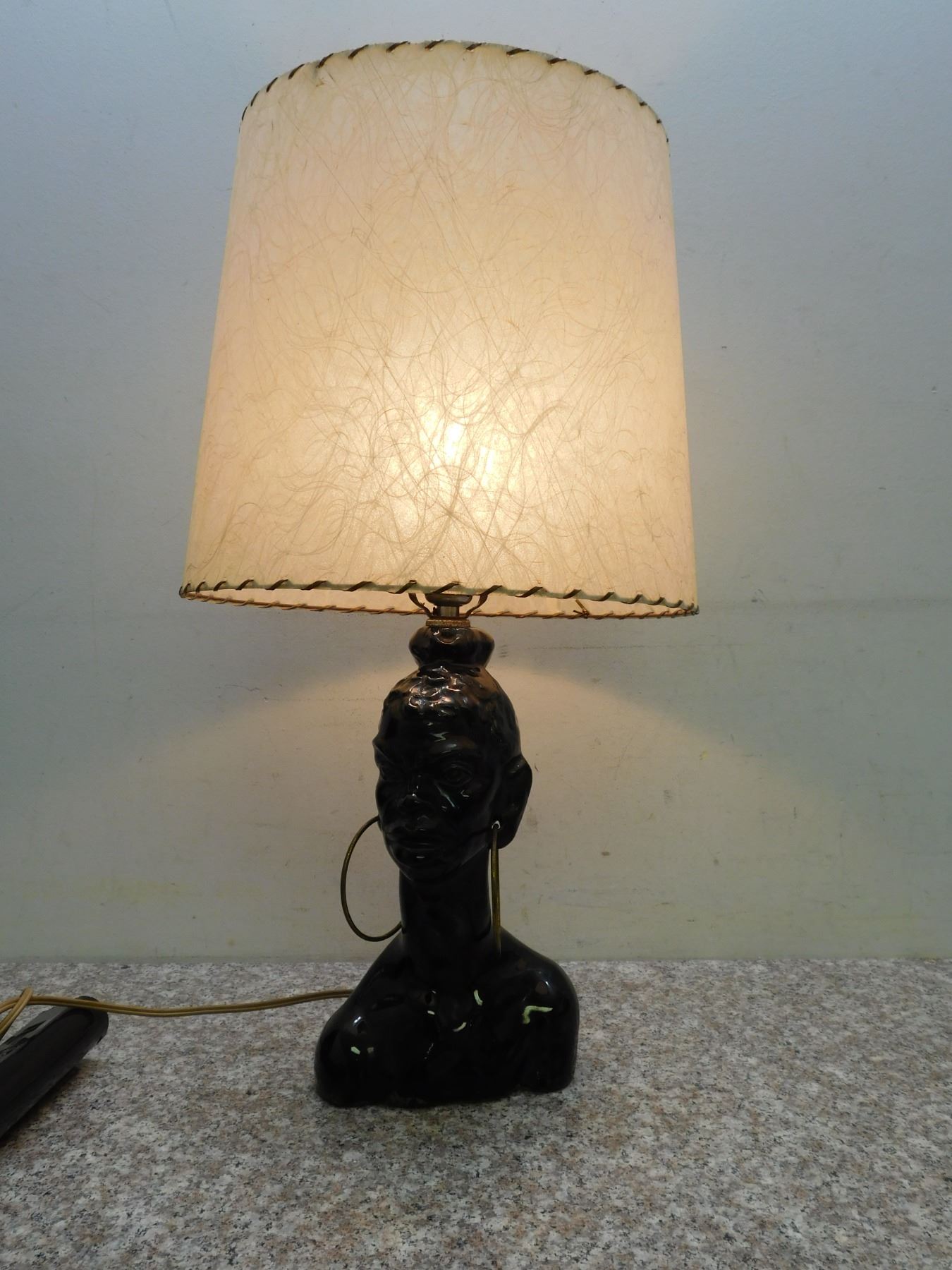 Male Figural Head Tribal Vintage Lamp Ceramic Base Fibreglass Shade