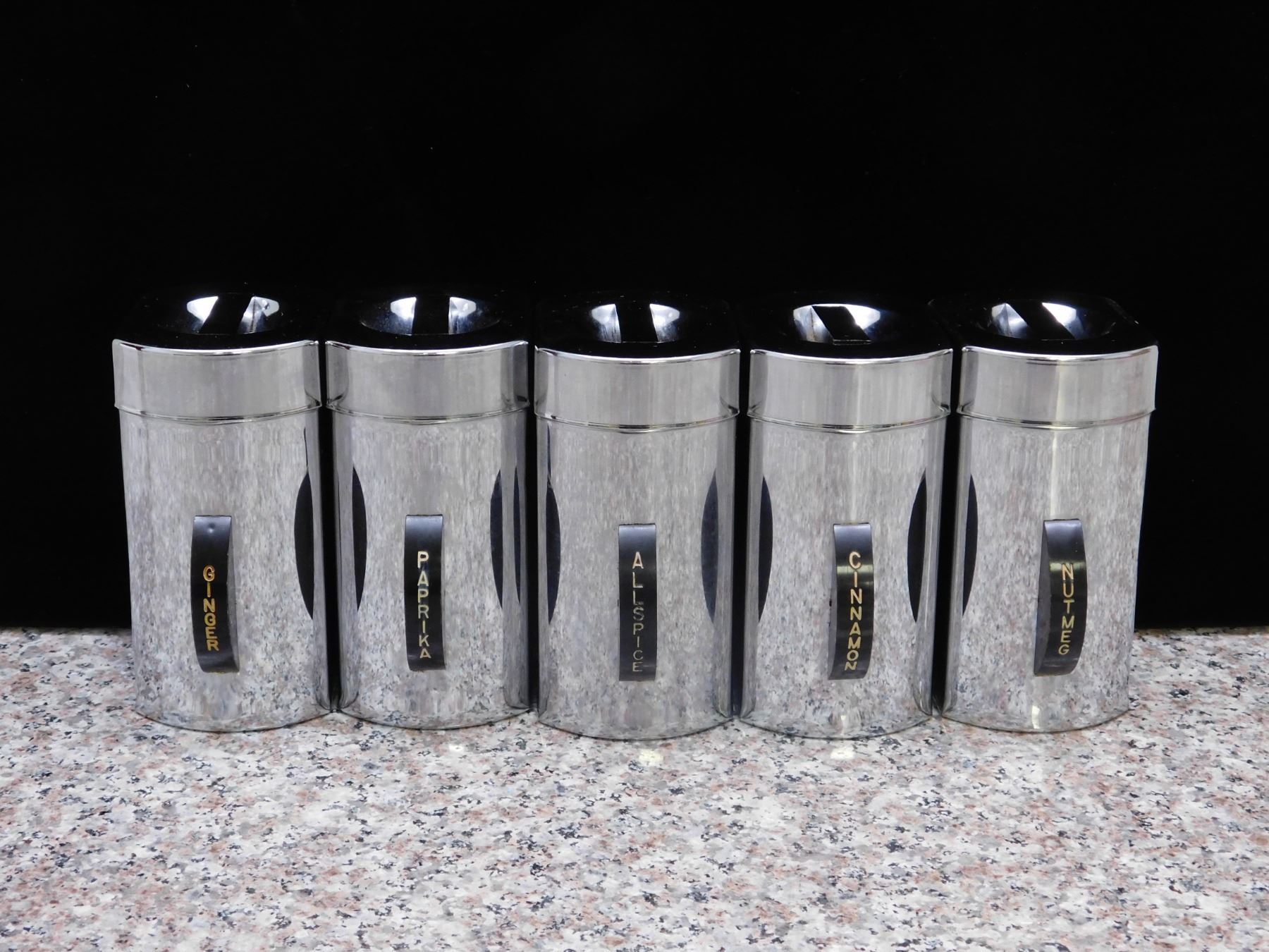 Lot of 5 Chrome Spice Canisters Labelled Ginger, Paprika, Cinnamon ...