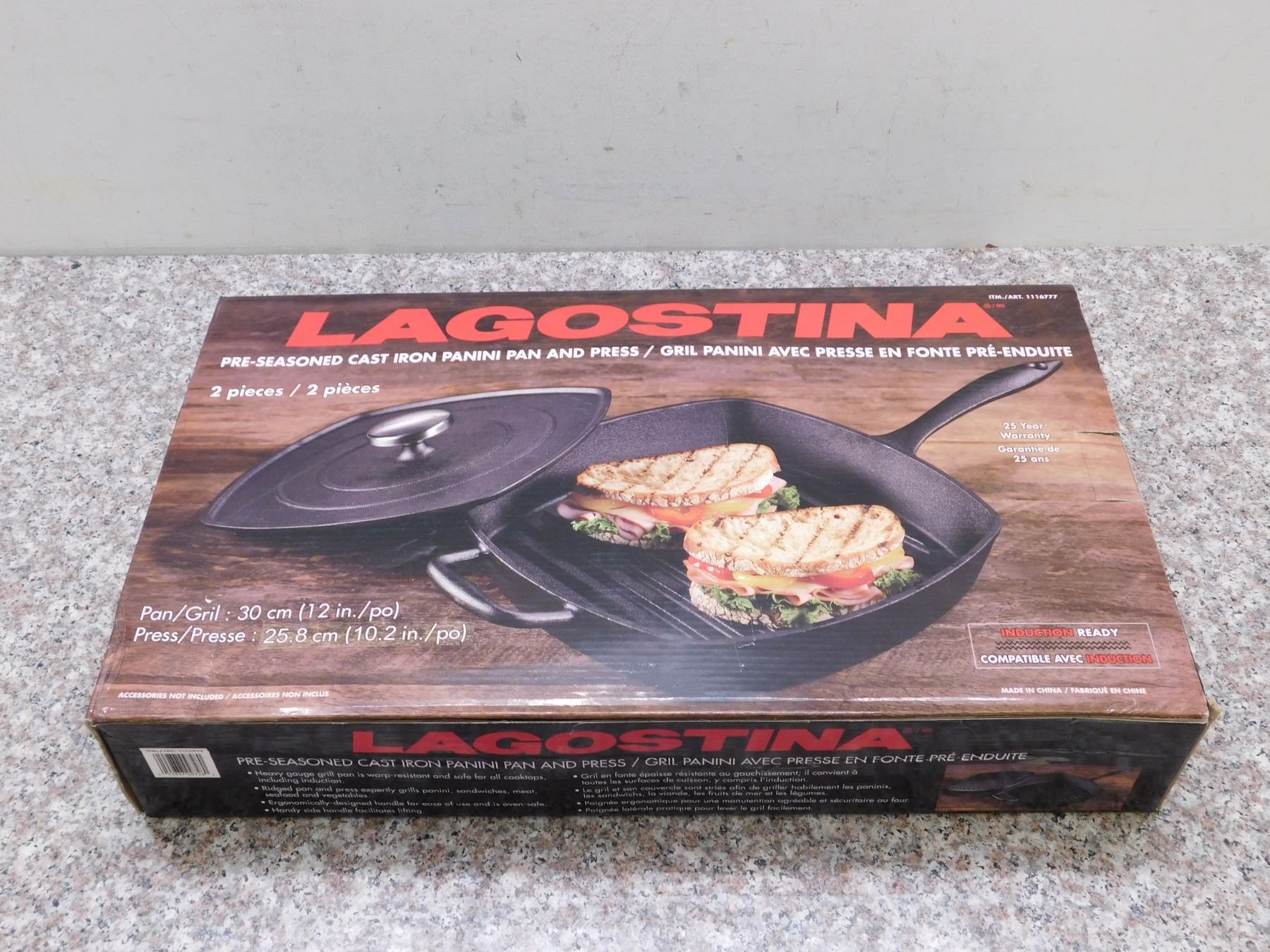 Lagostina Pre-Seasoned Cast Iron Panini Pan and Press BRAND NEW