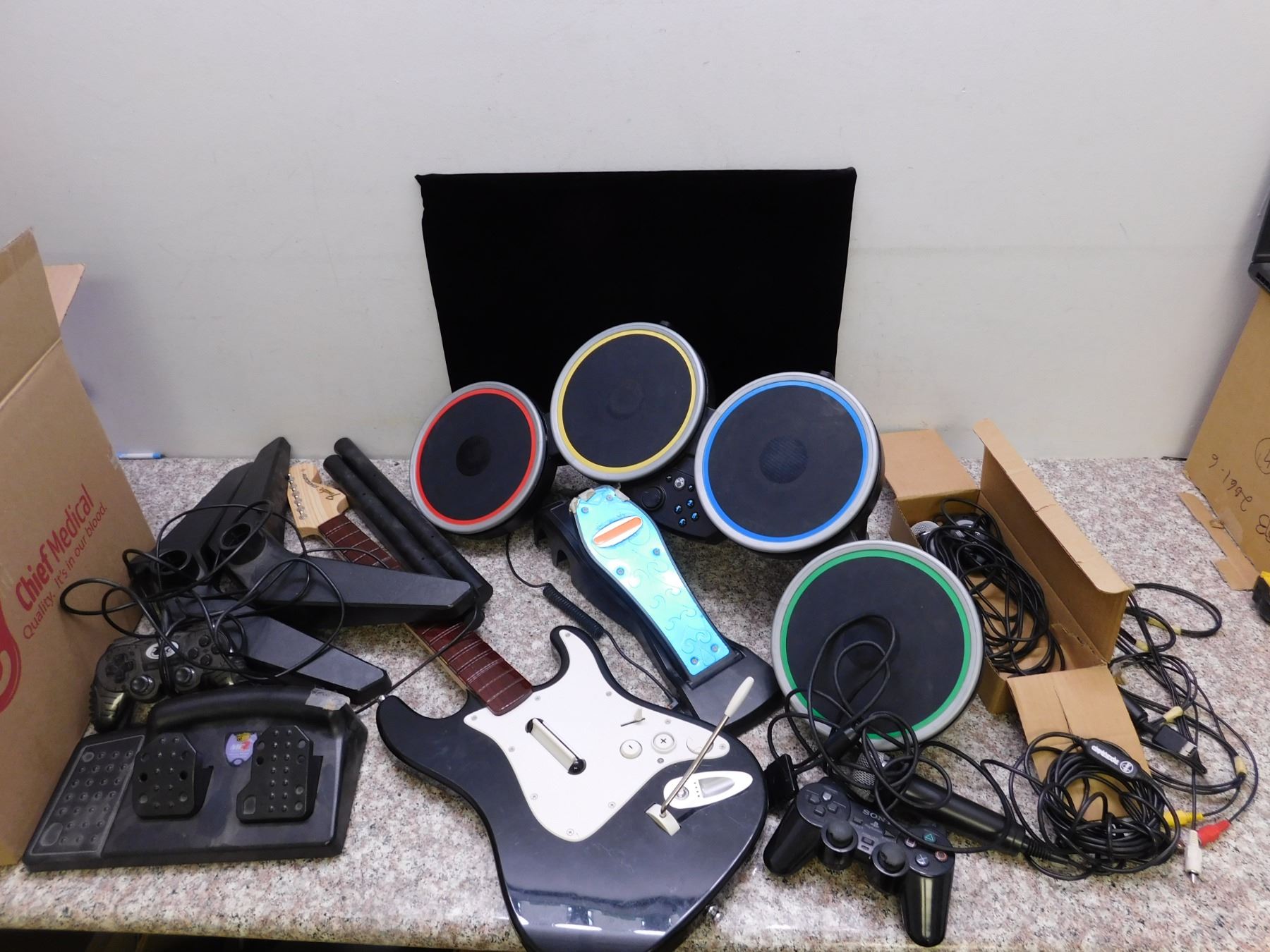 Rockband PS2 Guitar, Drum, Microphones, 2 Controllers and Cables