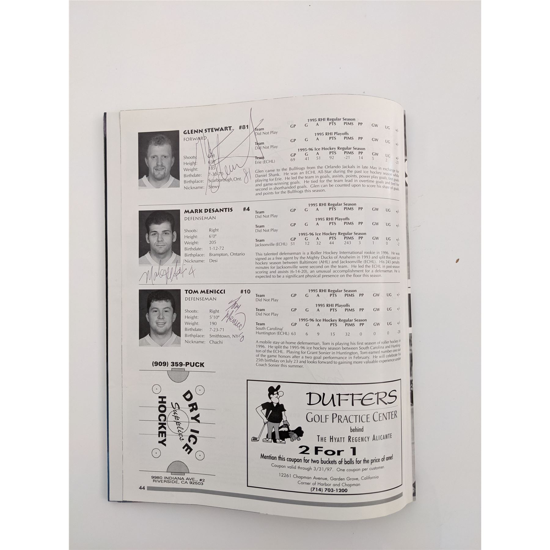 Anaheim Bullfrogs Roller Hockey Program - 15 Autographs