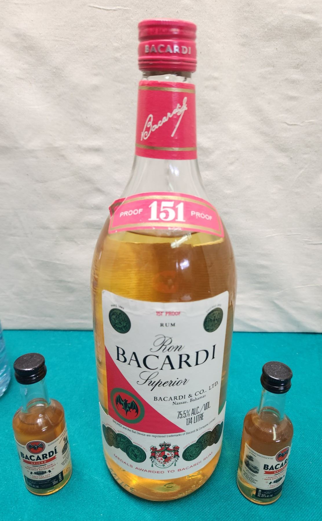 1980s Ron Bacardi Superior Rum with Two Mini Bottle of Bacardi Spiced Rum