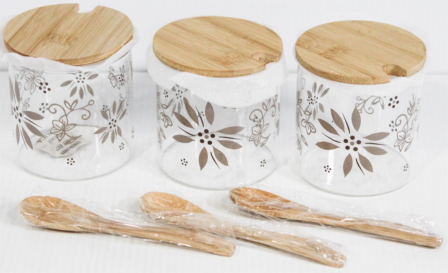 SMALL GLASS CANISTERS W/ BAMBOO LIDS & SPOONS