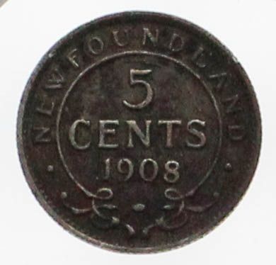 1908 NEWFOUNDLAND SILVER 5 CENT COIN