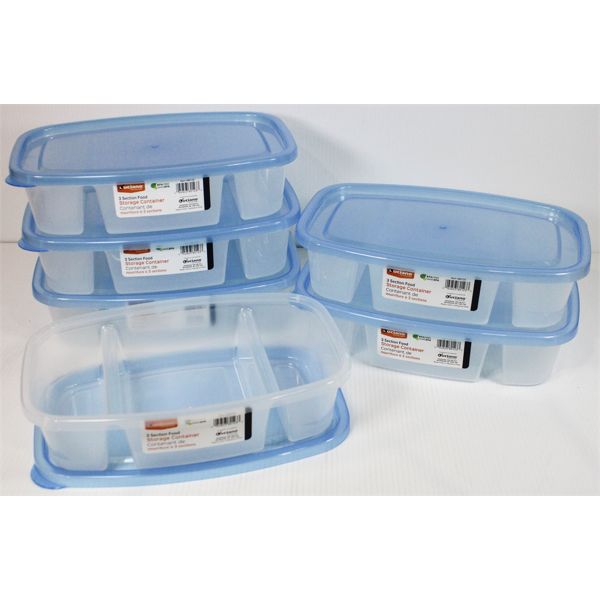 6 FOOD STORAGE SECTIONED CONTAINERS W/ LIDS