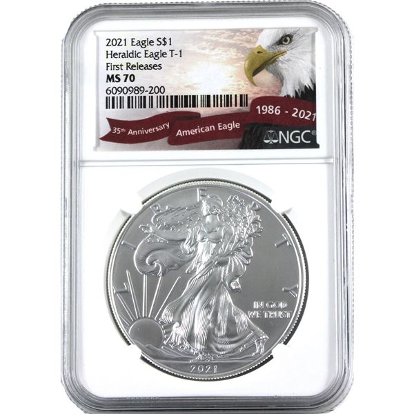 USA 2021 $1 Silver Eagle, T-1 Heraldic Eagle NGC MS70. *First Releases* 1oz .999 Silver (Tax Exempt)