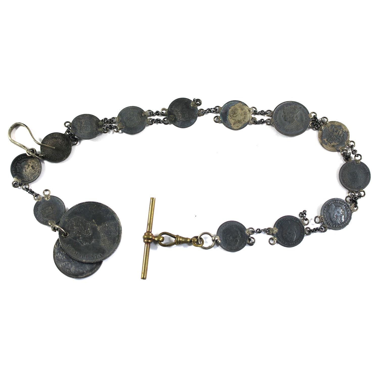 India & India-Portuguese 1880s Coin Bracelet. 15 Coins Total