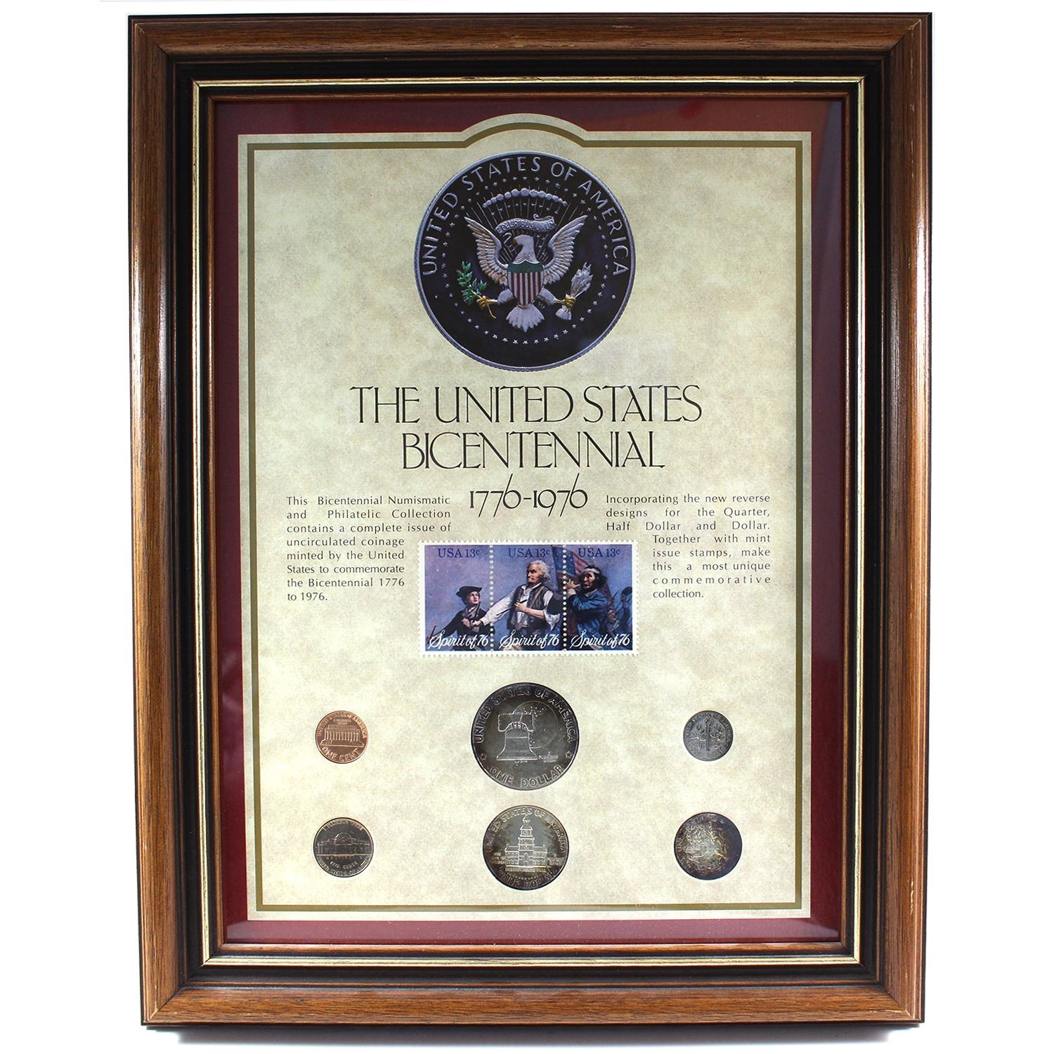 *USA 1776-1976 Bicentennial Coin & Stamp Collection in Wooden Frame