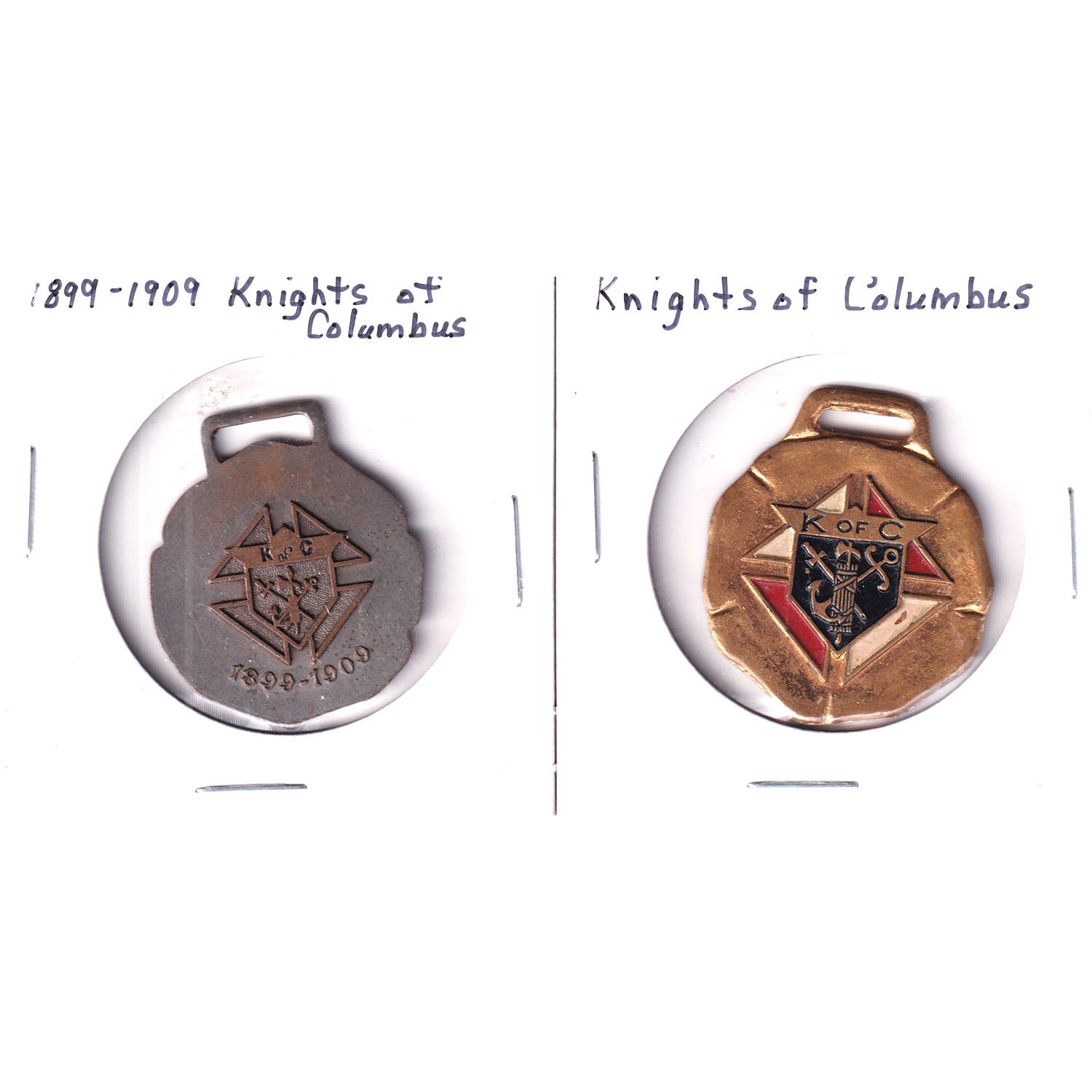 Knights of Columbus 1899-1909 Uniface, & ND Coat of Arms Medallions. 2pcs.