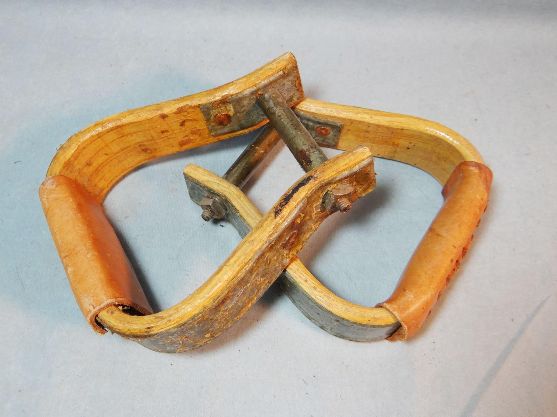 (1) pair vintage wooden stirrups, leather trim