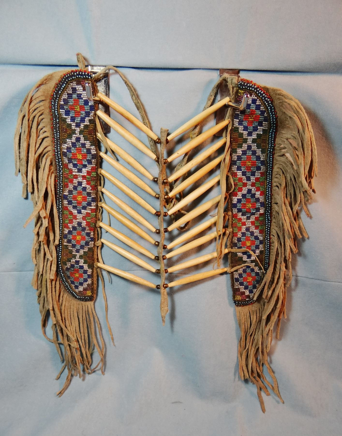 Fancy beaded hair pipe breast plate, 2 beaded panels, 12" x 2"
