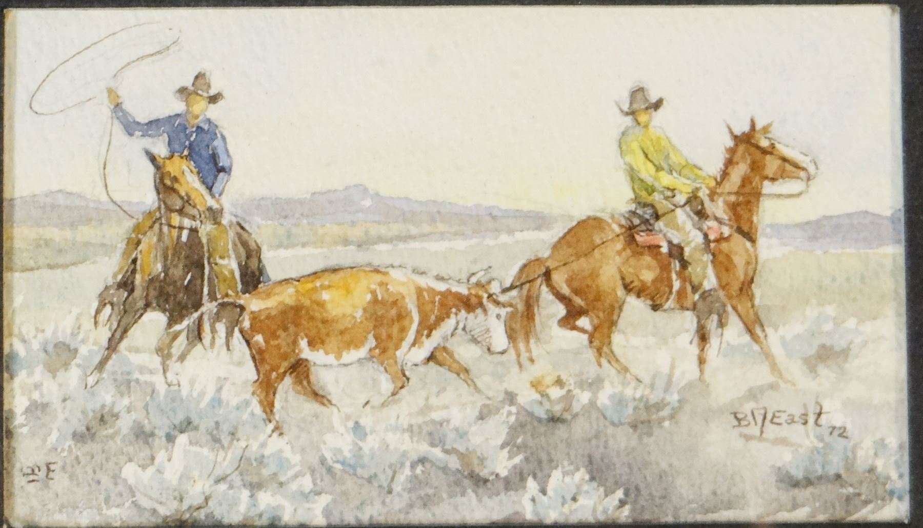 East, Barbara watercolor, Team Ropers, 2 ¼" x 4", 1972