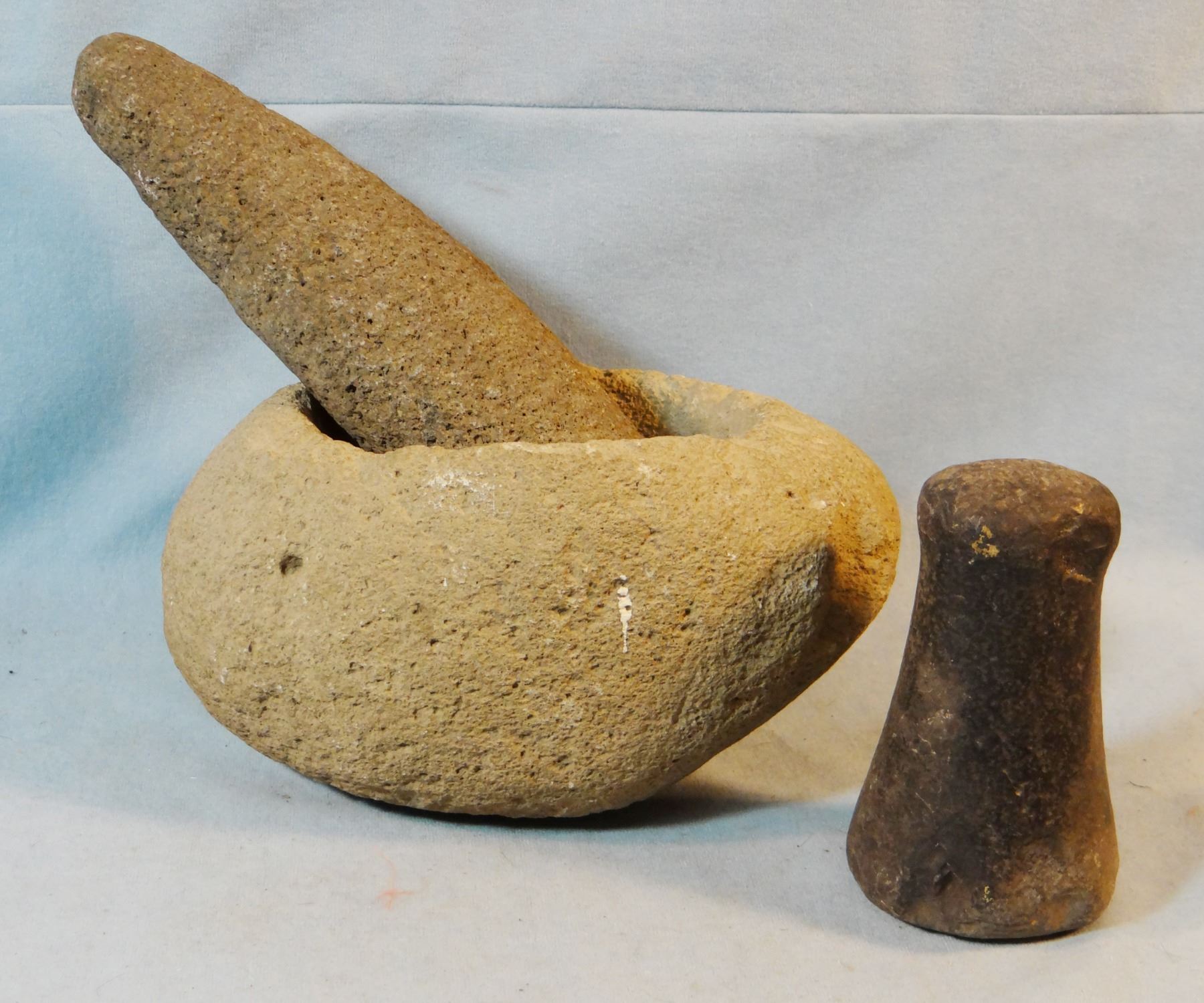 Stone 6" grinding bowl, 2 stone pestles, 5" & 9"
