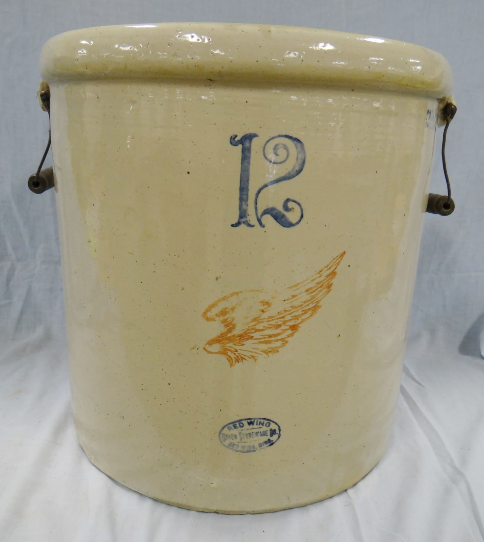 Red Wing Crock, 12 gallon, double wire/wood handles, 6" wing, excellent ...
