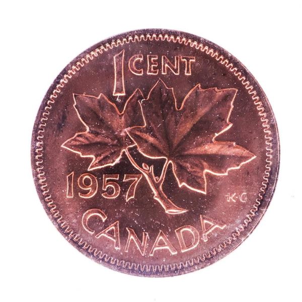 Canada, 1957 One cent Coin PL65 Red; Cameo ICCS