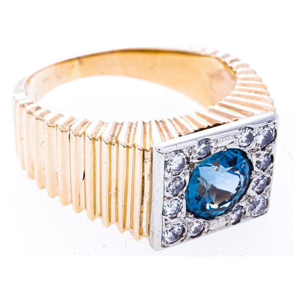 14kt Yellow & White Gold ring,Blue Saphire& 12 Diamonds = 1.29ct TW ...