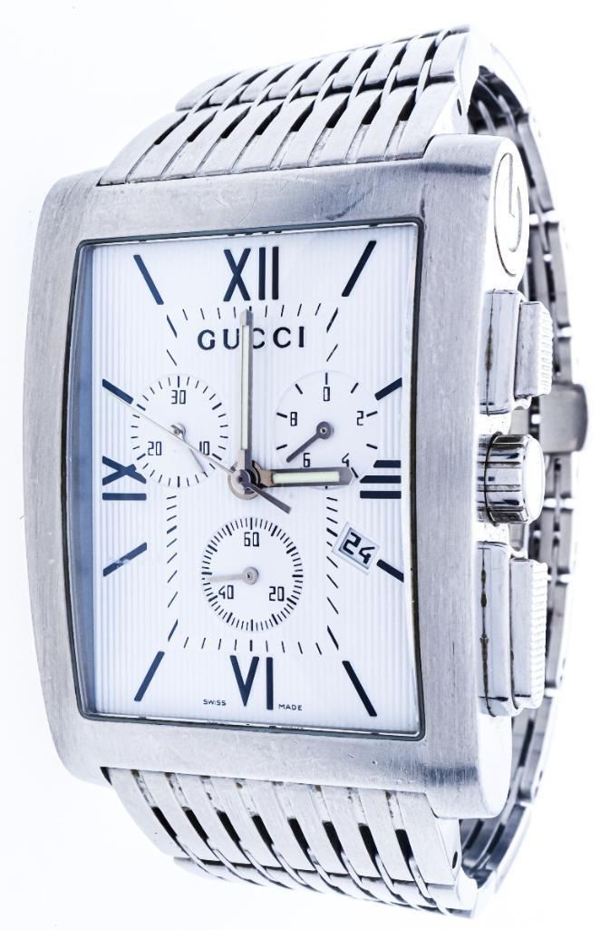 GUCCI Chronograph Watch. Stainless Steel White Rectangular Dial