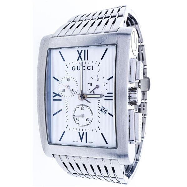 GUCCI Chronograph Watch. Stainless Steel White Rectangular Dial
