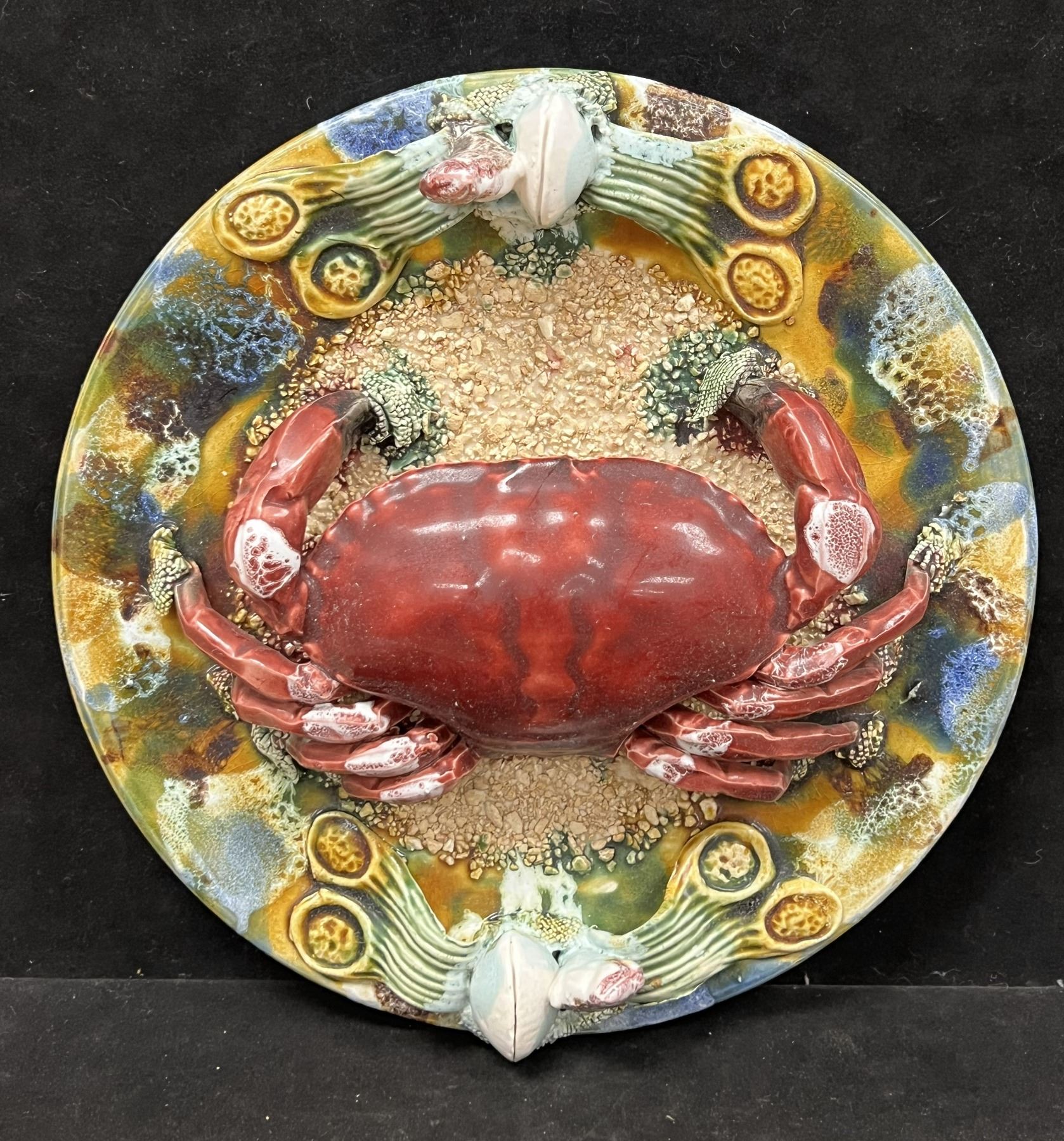 Vintage Majolica Hand Painted Ceramic Crab Shellfish Plate 11.25"