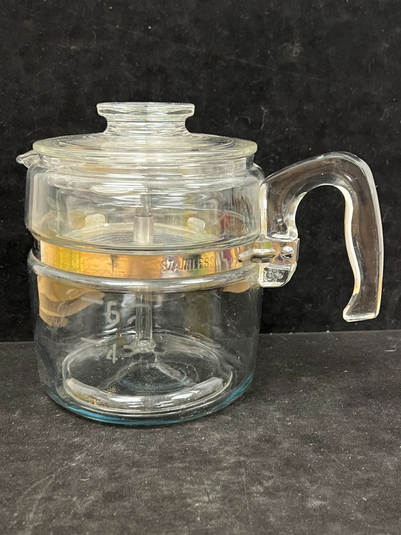 Vintage Pyrex Blue Tint Flameware 6 cup Percolator - Complete